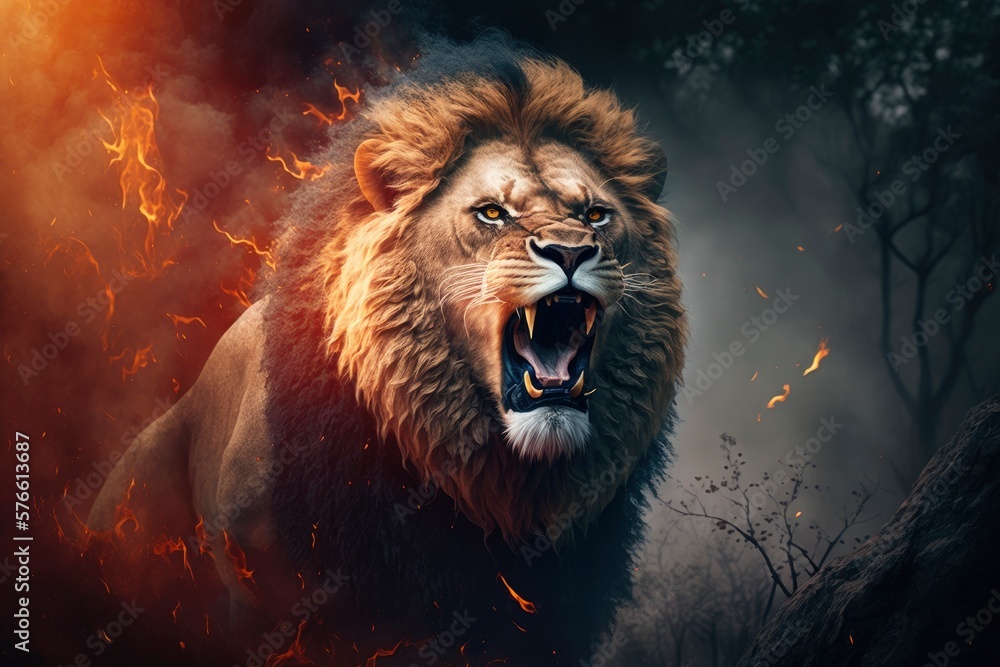 angry male lion roaring with fiery eyes and partially fiery fur, with ...