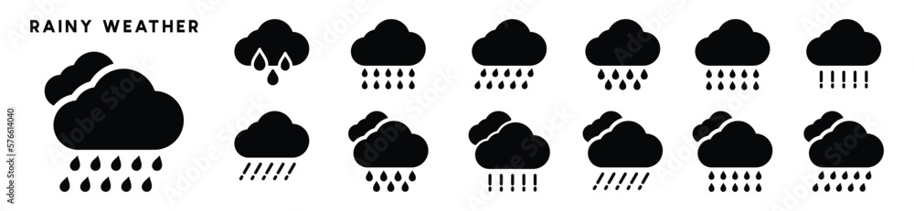 Rain weather icon set. Heavy rain weather icons collection. Rainfall ...