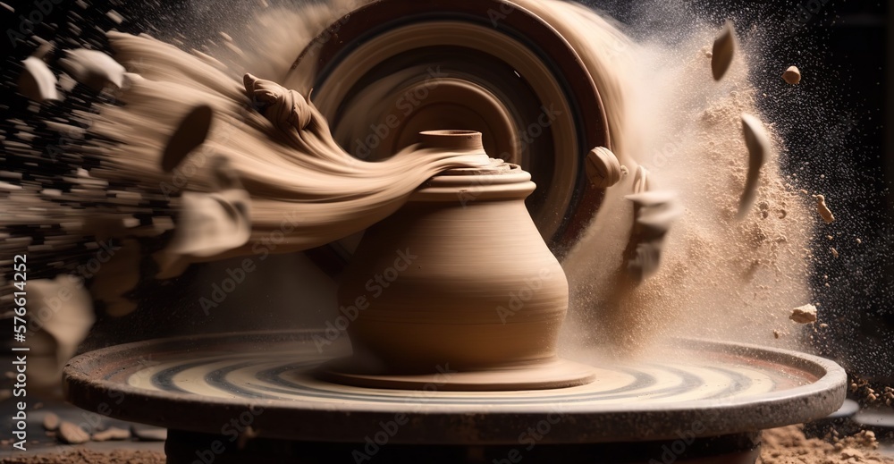 pottery wheel in motion with wet clay being shaped and formed into a ...