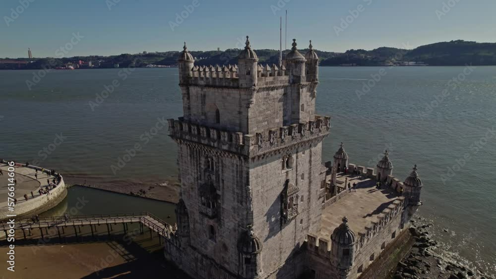 5.4K Drone shot of The Belém Tower -Torre de Belém Tower was built ...