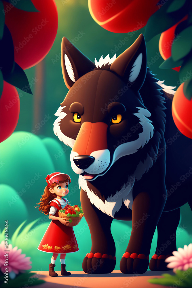 Little Red Riding Hood and the Big Bad Wolf. A little girl dressed in ...