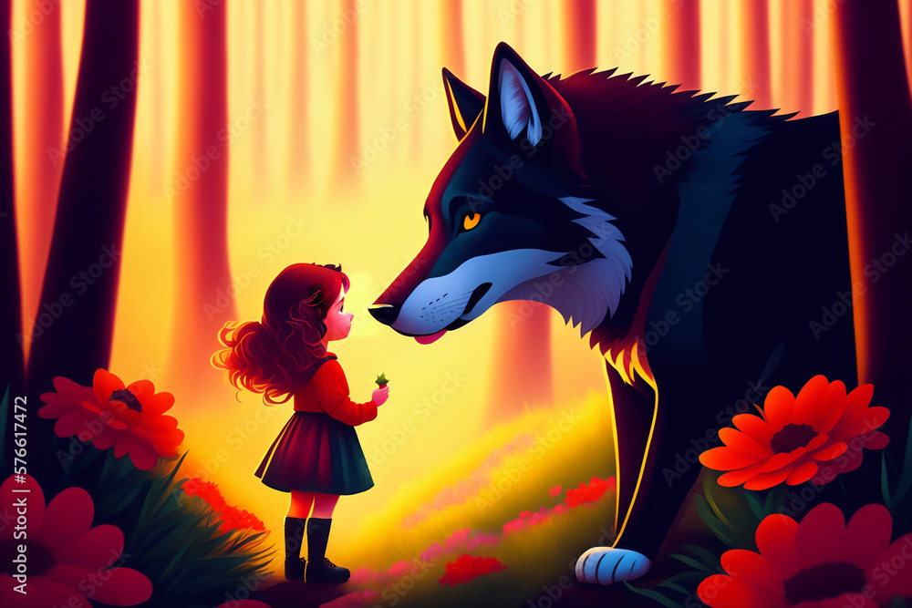 Little Red Riding Hood and the Big Bad Wolf. A little girl dressed in ...