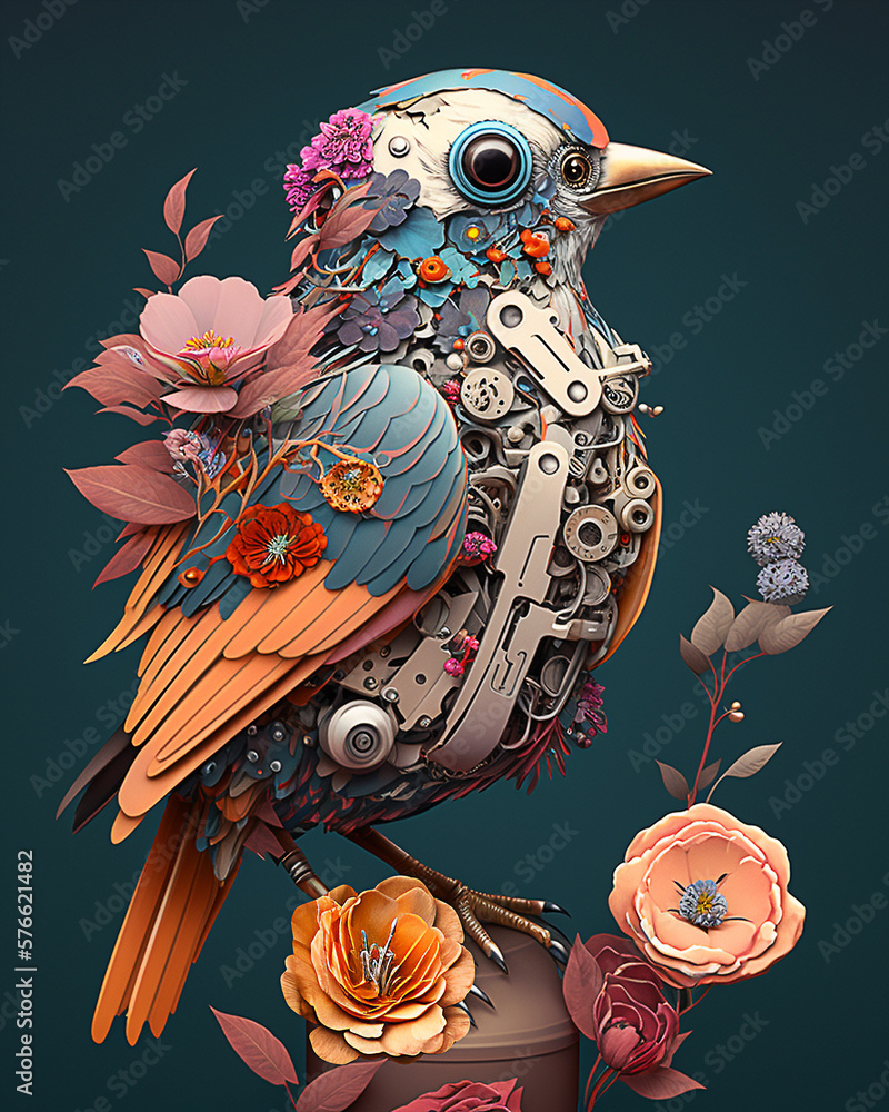 cute mechanical bird decorated with flowers, a bird made of mechanisms ...
