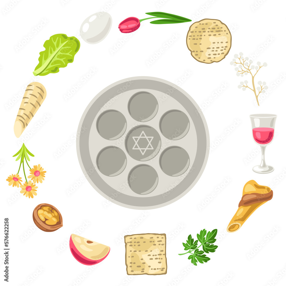 Happy Pesach Jewish Passover plate decorative frame. Holiday background ...