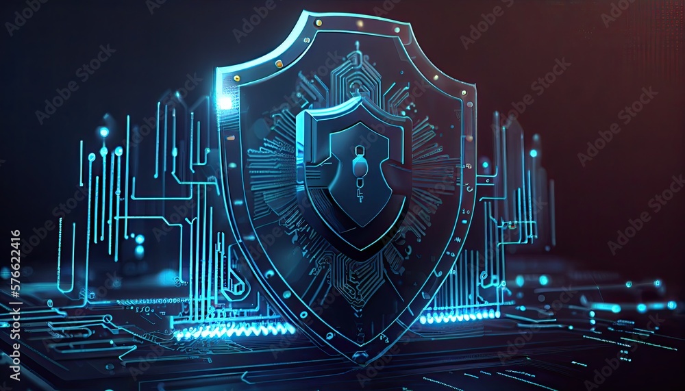 shield with a lock icon is displayed on a circuit board and network wireframe with binary code ...