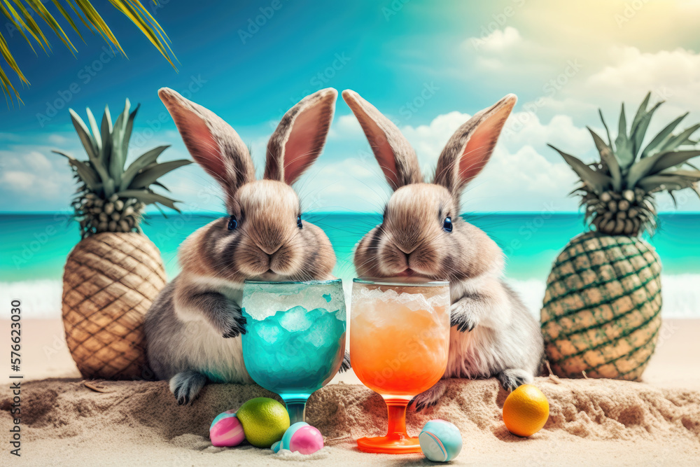 Easter bunnies celebrate on a sand beach with tropical cocktail drinks ...