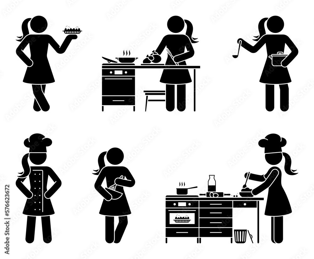 Stick figure chef cook girl vector set. Female person cooking grilled ...