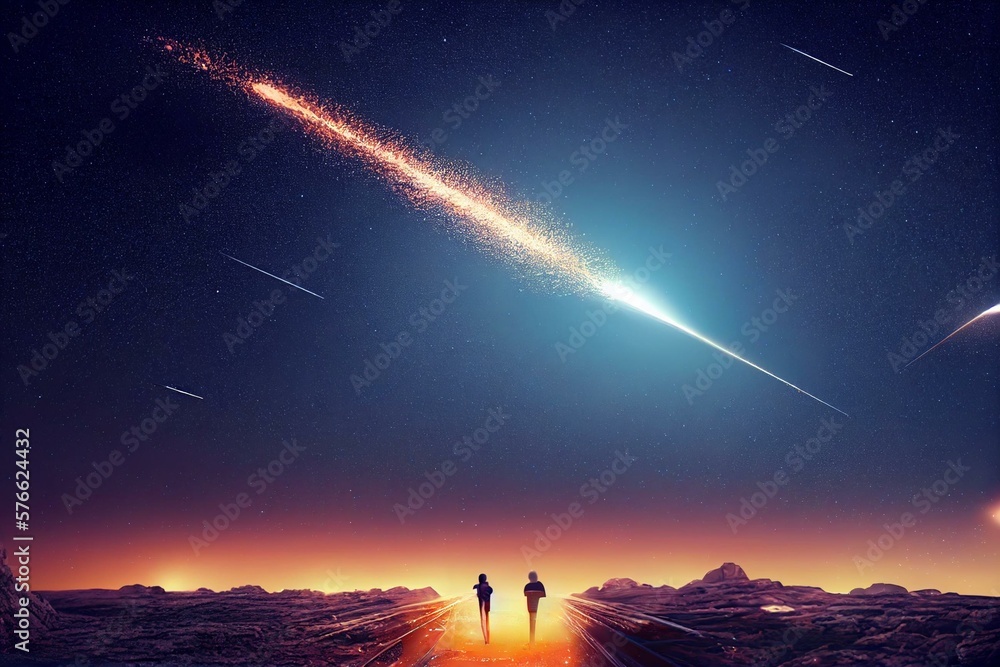 3D illustration of A meteor shower falls to the ground. 5K realistic ...