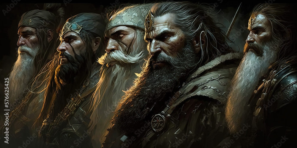 Realistic medieval dwarves in a fantasy illustration. Dwarf warriors in ...