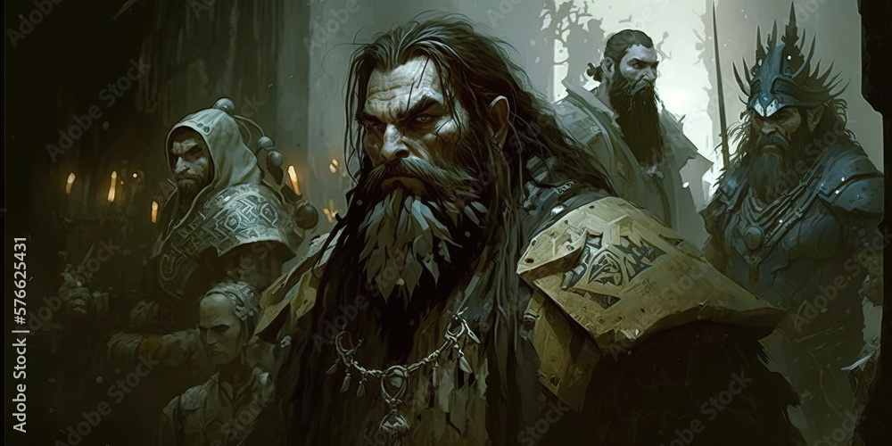 Realistic medieval dwarves in a fantasy illustration. Dwarf warriors in ...