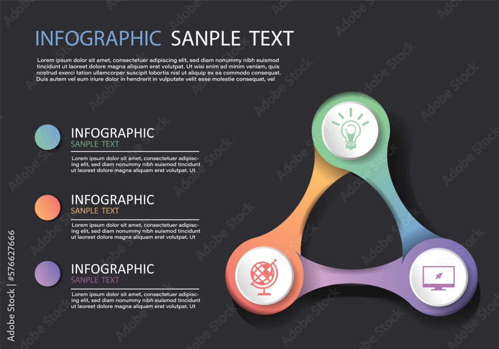Vector infographic, 3 steps or 3 sections with continuation like ...