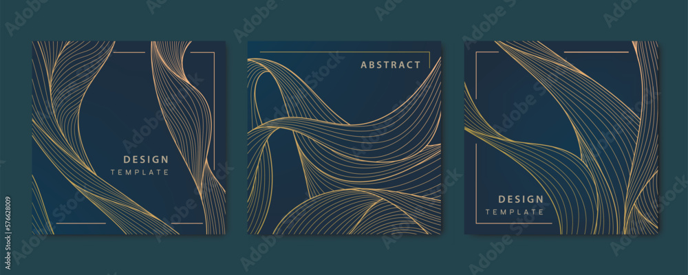 Vector set of wavy luxury line cards, golden dynamic square backgrounds ...