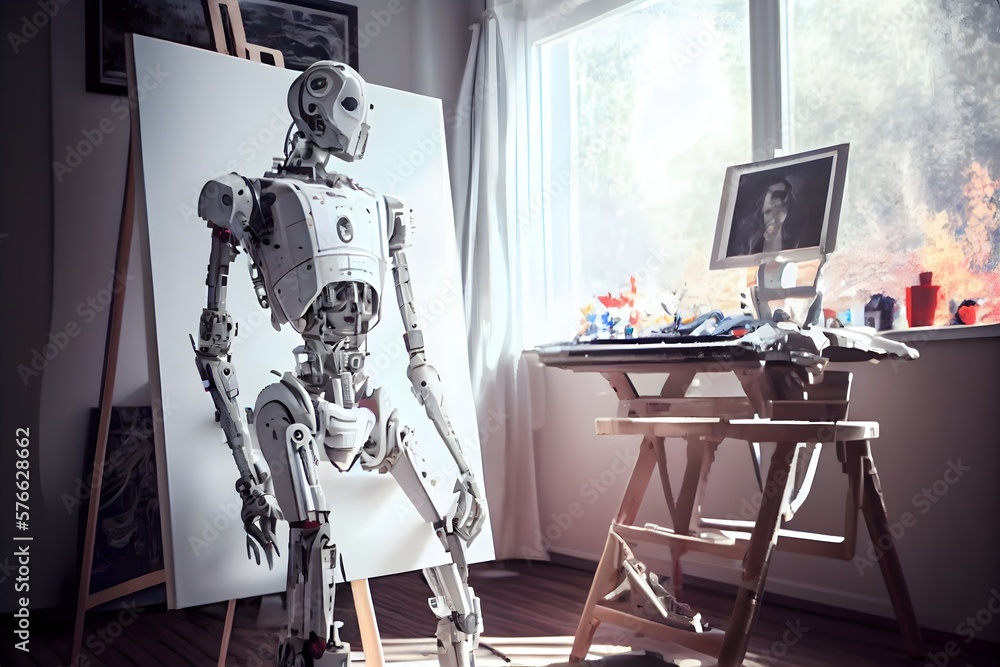 illustration of AI robot paints picture at home, humanoid robot, AI ... illustration of AI robot paints picture at home, humanoid robot, AI ...