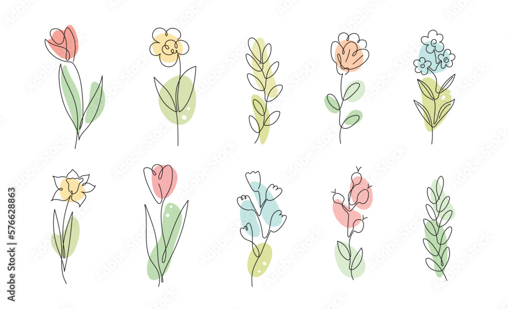 Vector set flowers and branches in simple minimalist continuous outline ...
