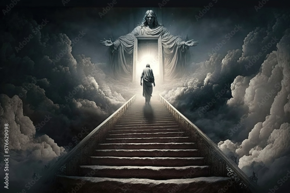 an illustration of Jesus Christ or God at the top of a stairway to ...