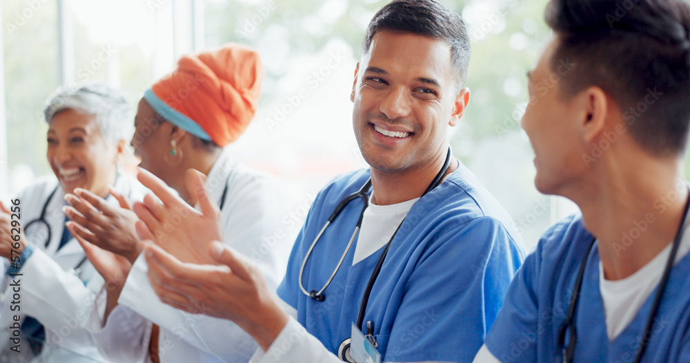 Healthcare, meeting and applause with a doctor man and woman team ...