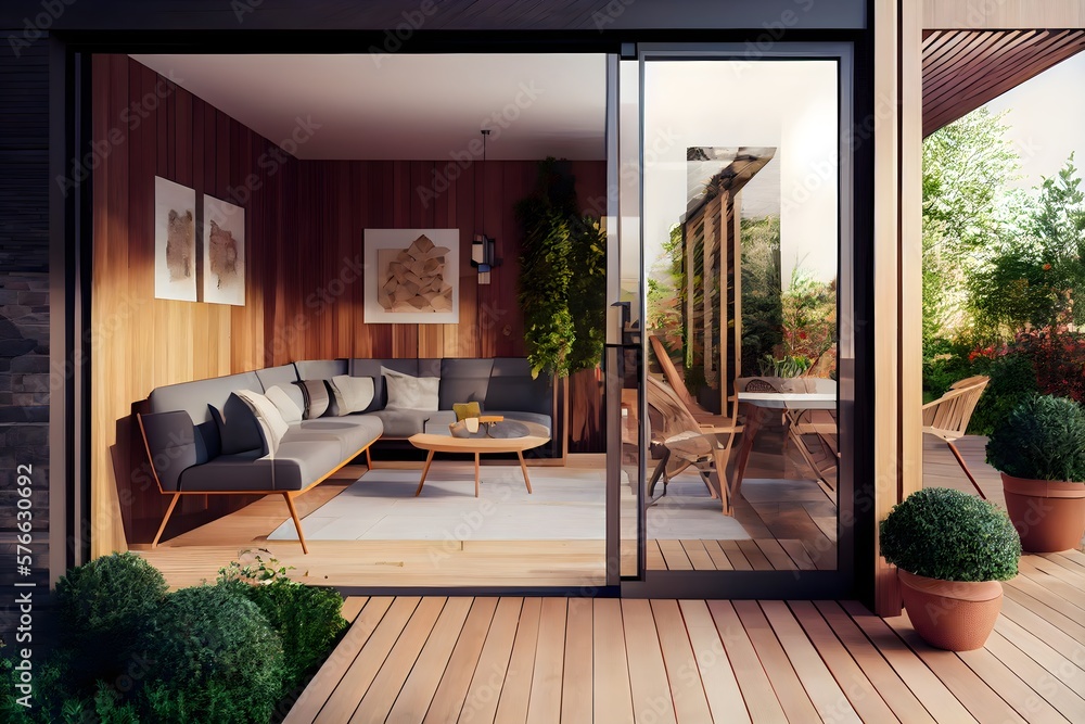 contemporary interior design of a warm and inviting patio space with a ...