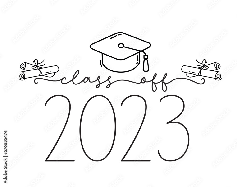 Vetor de Class of 2023. Graduation logo with cap and diploma for high ...