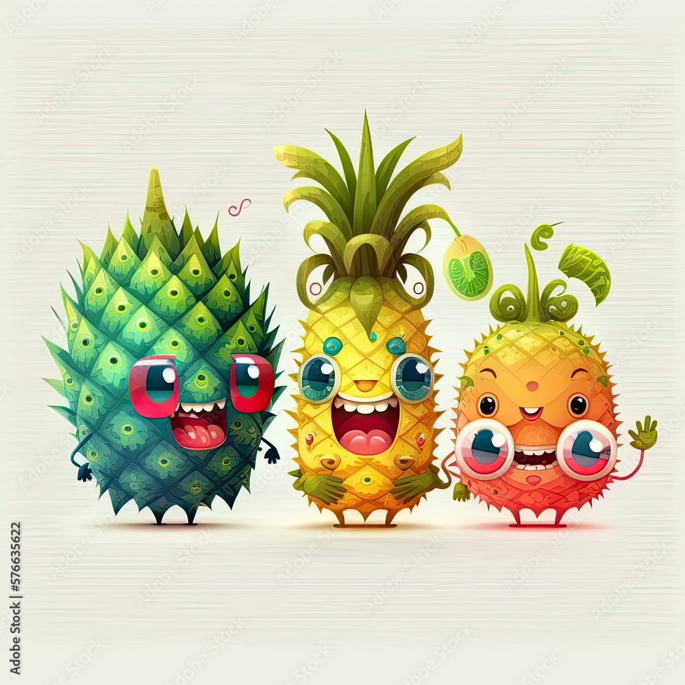cartoon characters of pineapple, happy and smile, cute fruit monsters ...