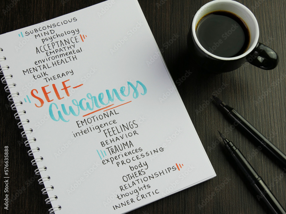 SELF-AWARENESS word cloud in notebook with cup of espresso and pens on ...