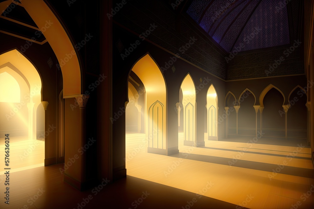 Islamic background painting. Mosque and shadows. Light rays from mosque ...