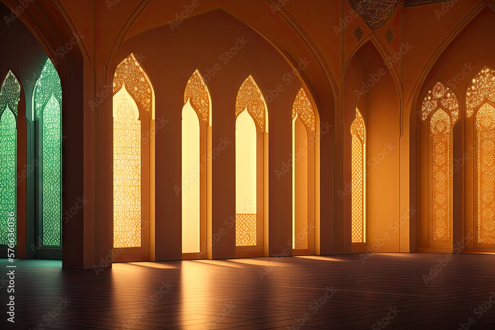 Islamic background painting. Mosque and shadows. Light rays from mosque ...