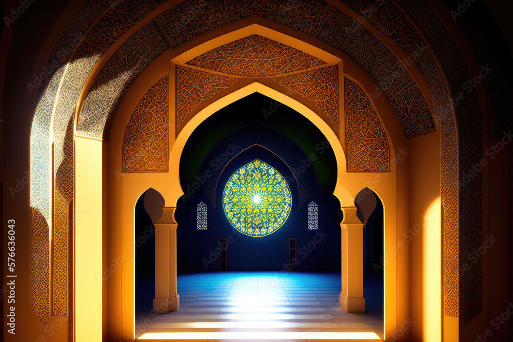 Islamic background painting. Mosque and shadows. Light rays from mosque ...