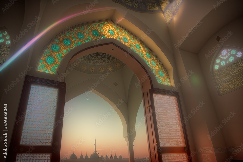Islamic background painting. Mosque and shadows. Light rays from mosque ...