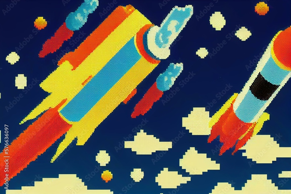 Pixel art rocket taking off in sky with clouds, background in retro style for 8 bit game ...