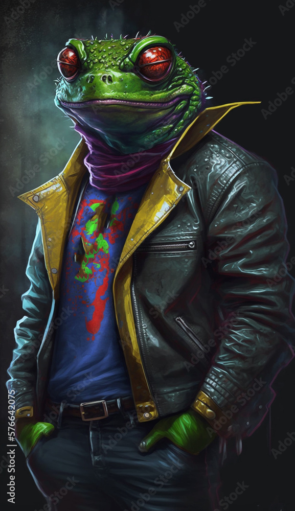 Frog Wearing A Neon Leather Jacket Fashion Model Generative AI Digital ...