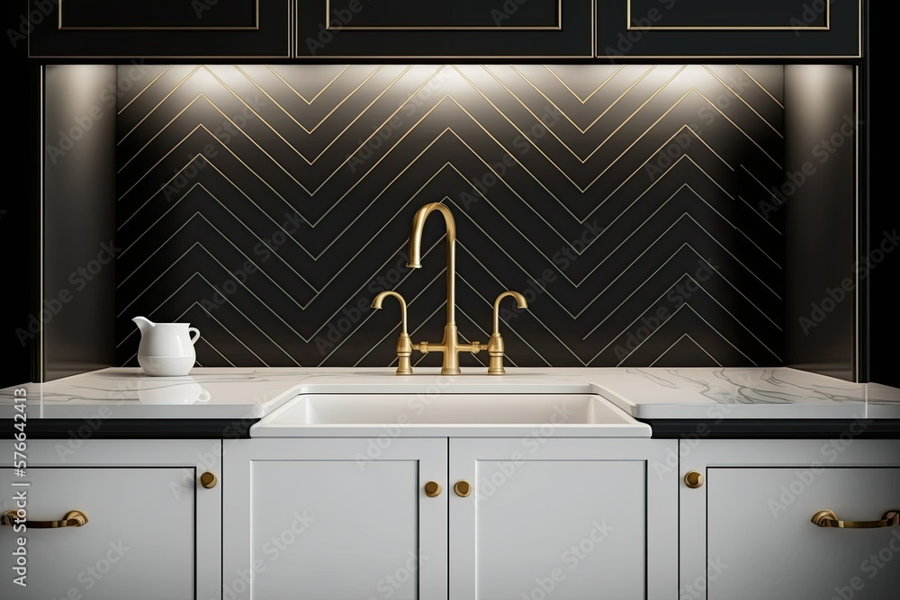 An image focusing on the sink in a high end kitchen with a herringbone ...