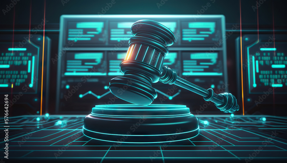 Judge gavel on background of data center. Digital law concept of ...