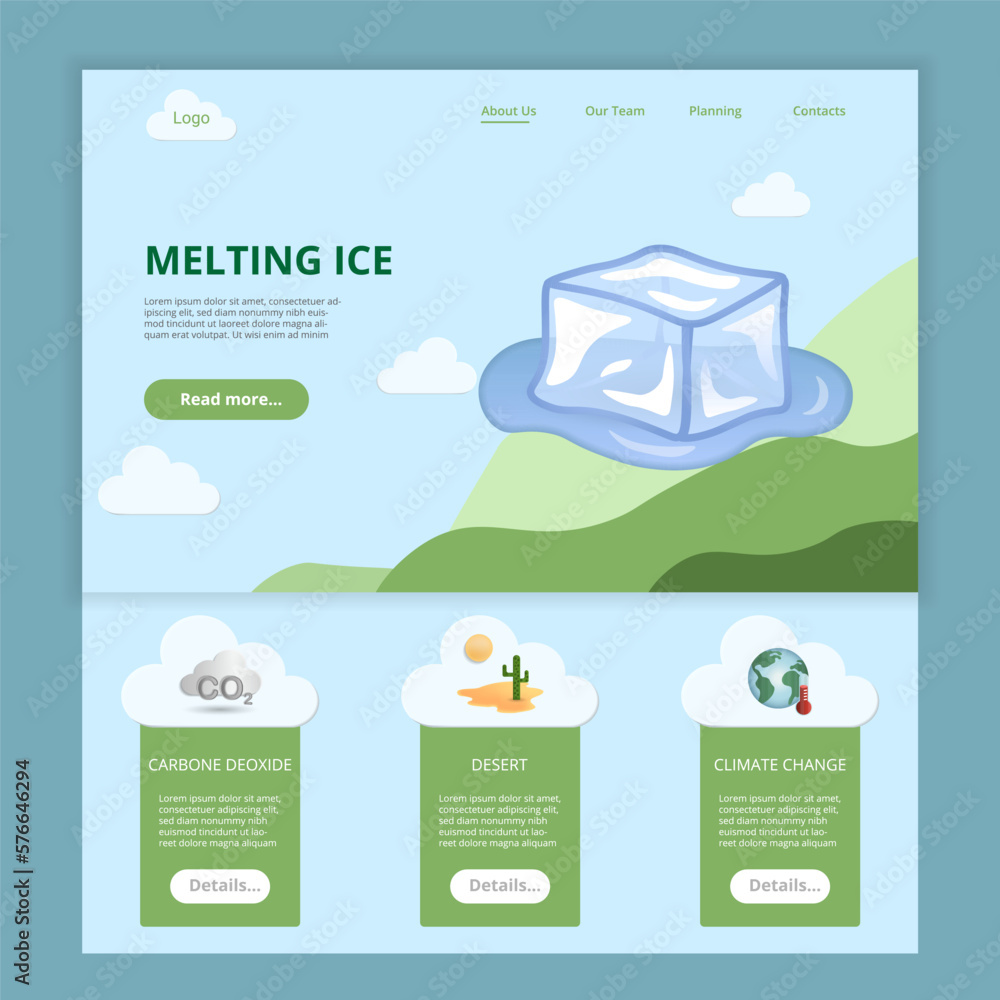 Melting ice flat landing page website template. Carbone dioxide, desert ...