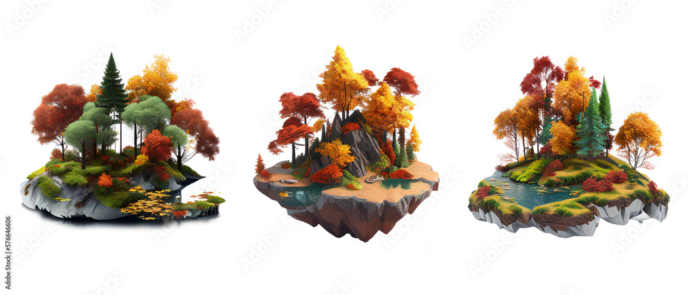 Set of Autumn forest leaves in ground landscape paradise with grove ...