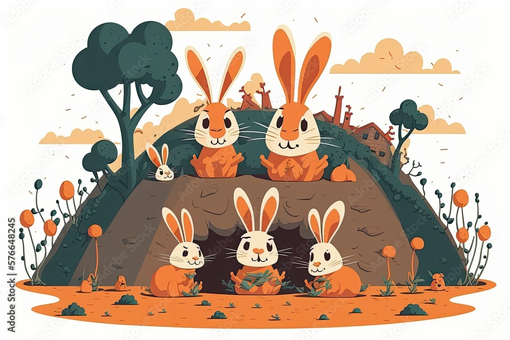 Flat cartoon illustration of a family of rabbits making a home in the ...