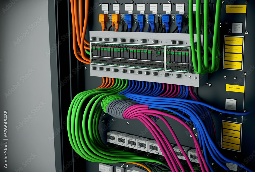 Colorful network panel, switch and cable in data center, Generative AI ...