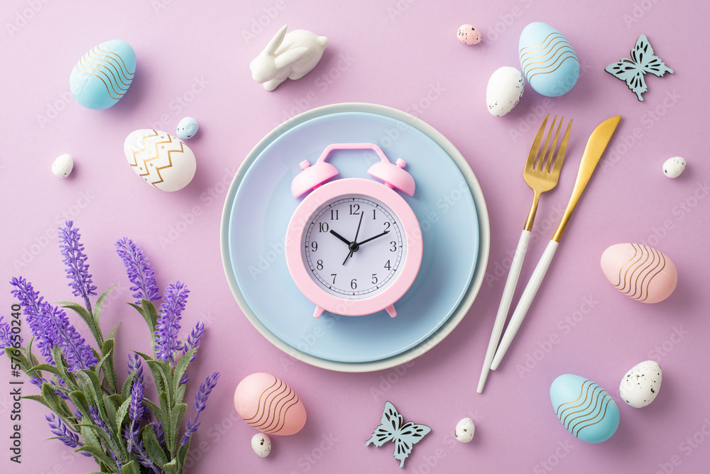 Easter celebration concept. Top view photo of blue plate with pink ...