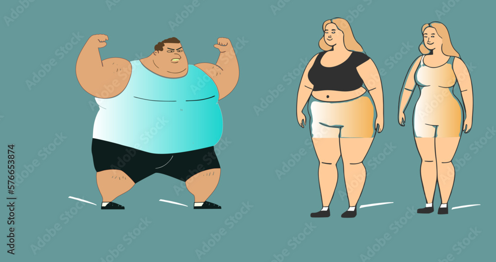 fat man posing in front of two fat women showing off his strength Stock ...