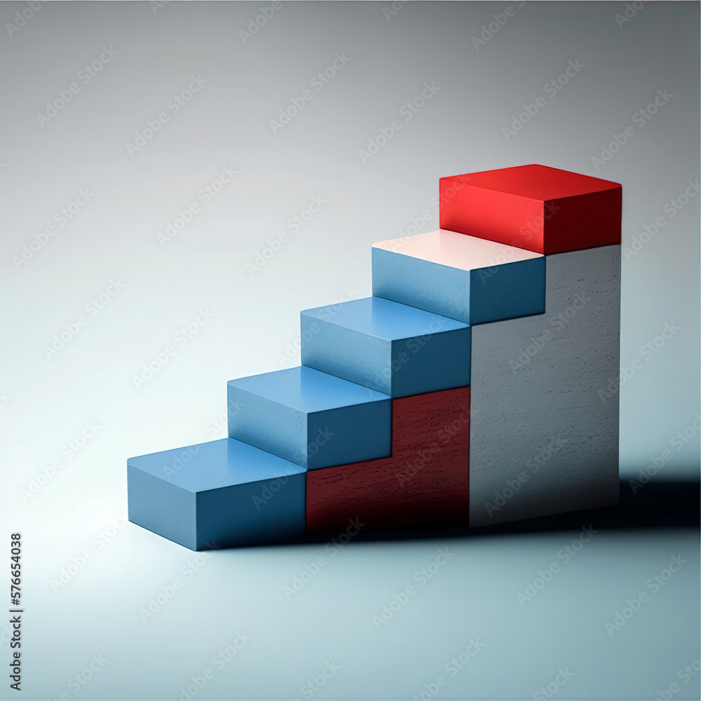 Blue wooden pieces form stepped blocks form a ladder with rungs as an ...