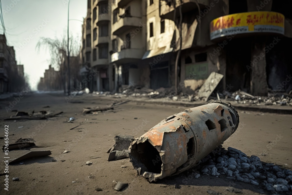 Remains of a fallen mortar shell on a street, destroyed buildings ...