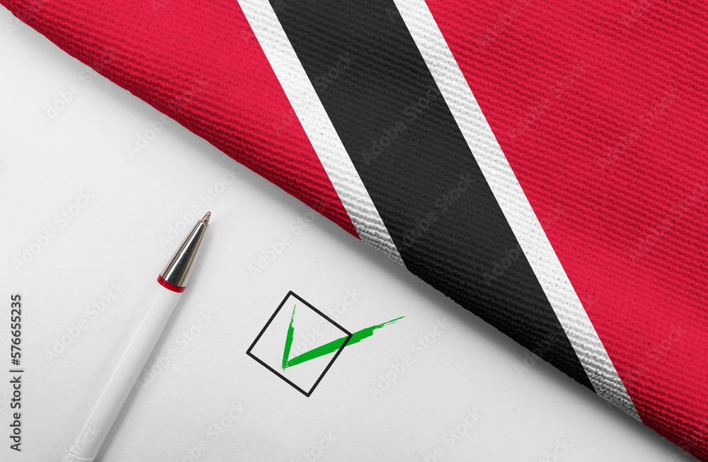 pencil, flag of Trinidad and Tobago and check mark on paper sheet foto ...