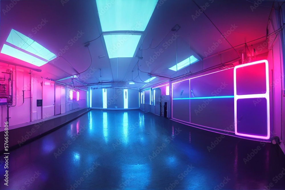 360 degree panorama of neon light industrial basement room with cyber ...