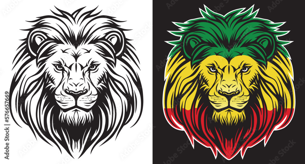 Poster Jamaican reggae rasta lion head front view with rastafarian ...