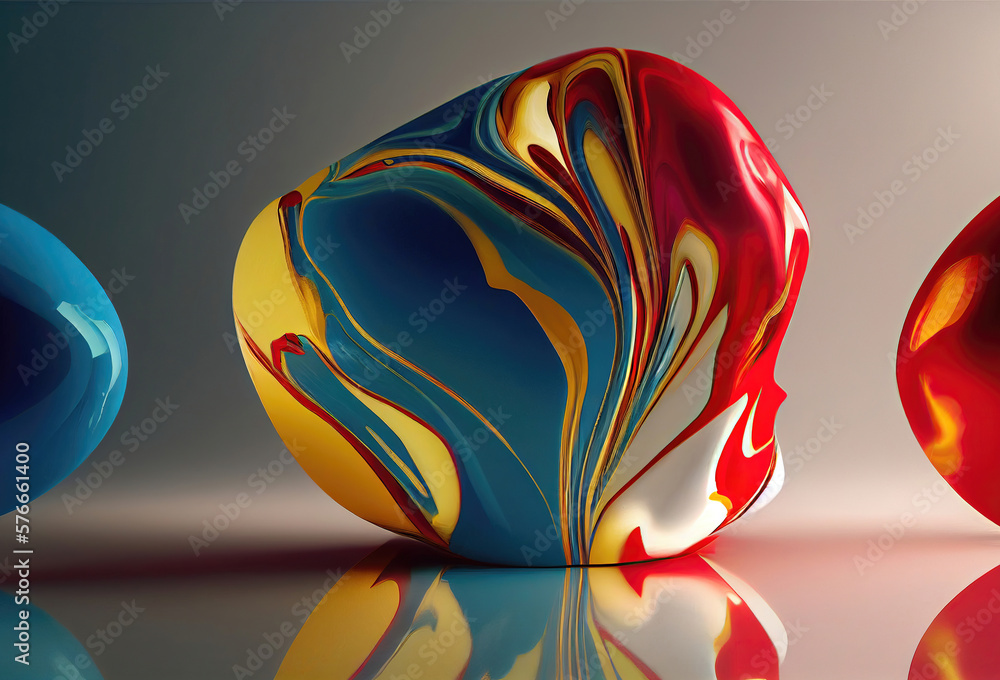 Surreal abstract art of gloss red, white, blue, and gold paint flows ...