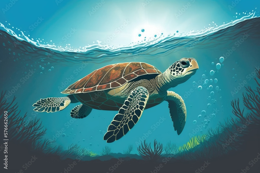 a turtle that lives in the ocean and dives to eat. Submerged turtle in ...