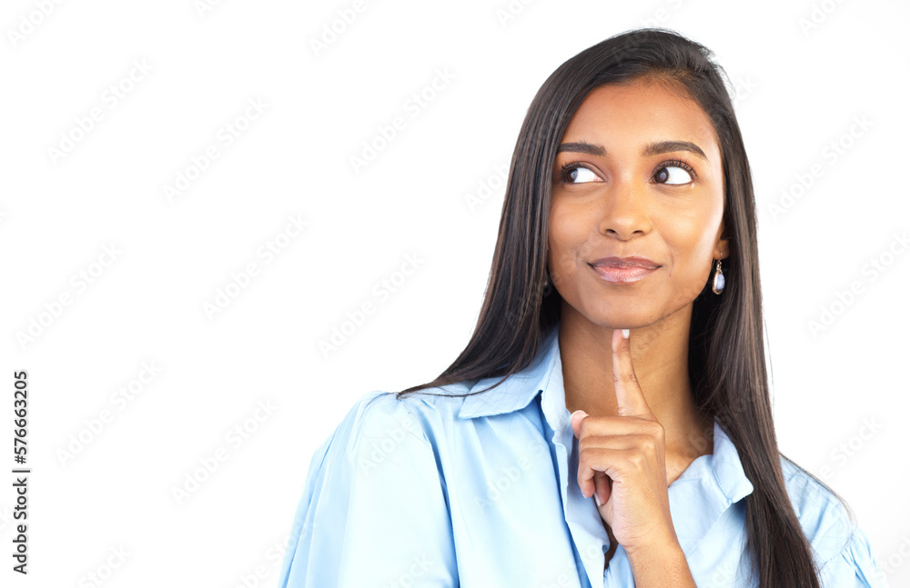 Thinking, Indian woman and model with fashion, style and brainstorming ...