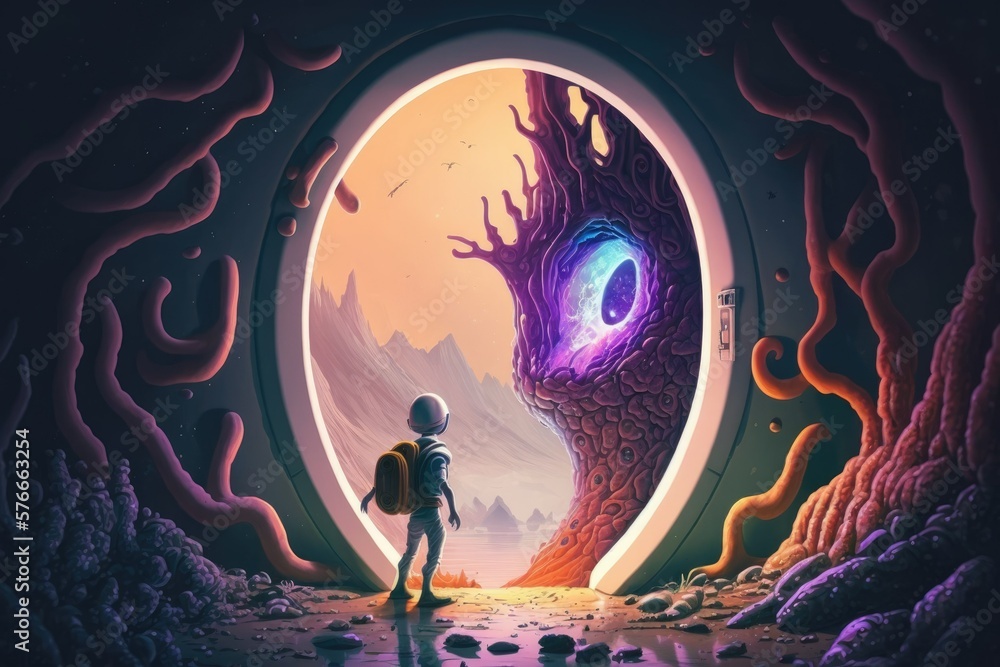 Astronaut observing alien tentacles emerging from the portal; digital ...