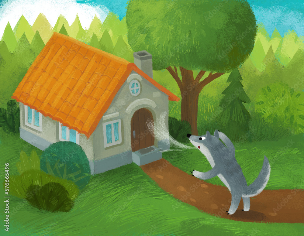 cartoon scene with bad wolf on the roof smiling and resting ...