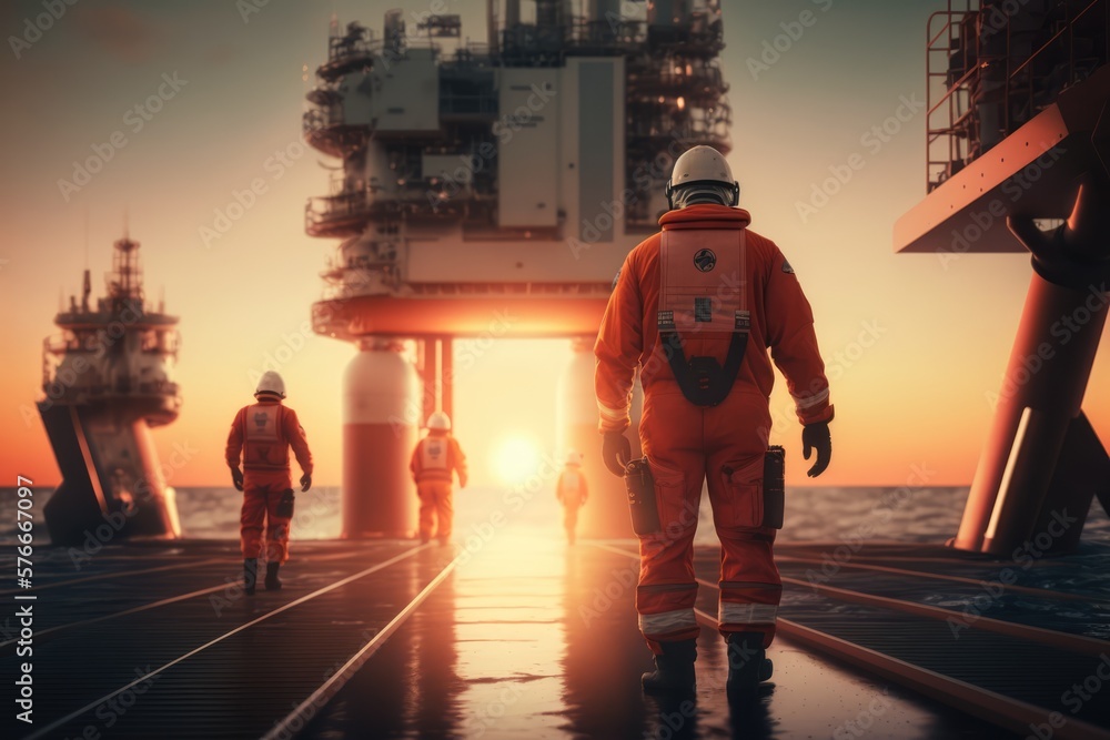 Offshore and industrial workers working on an oilrig, made with ...