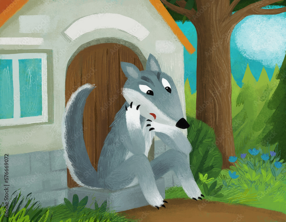 cartoon scene with bad wolf on the roof smiling and resting ...